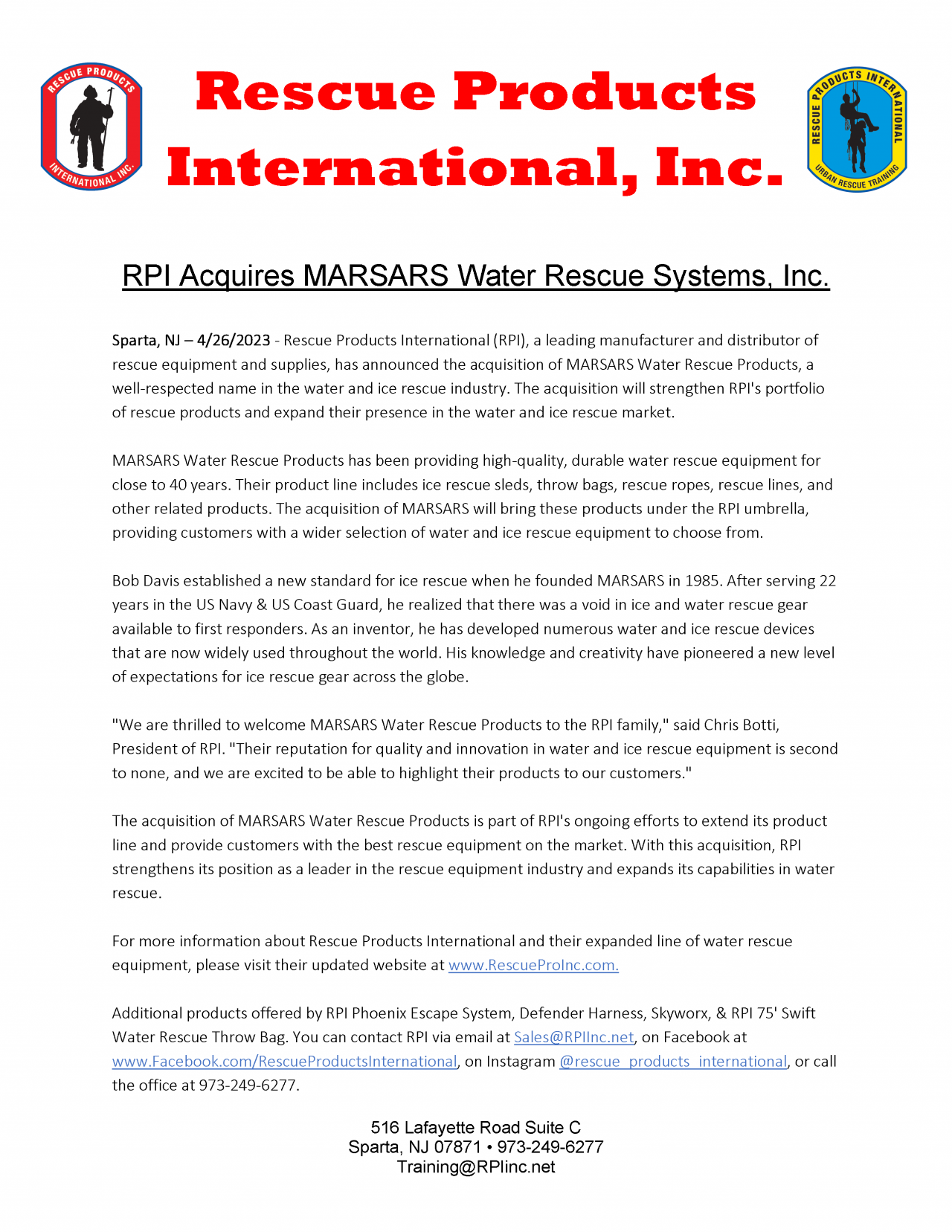 RPI Acquires MARSARS - MARSARS® Water Rescue Systems
